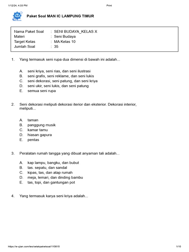 Soal Assesmen SBD Ganjil 2023 2024 Kls X | PDF | Seni