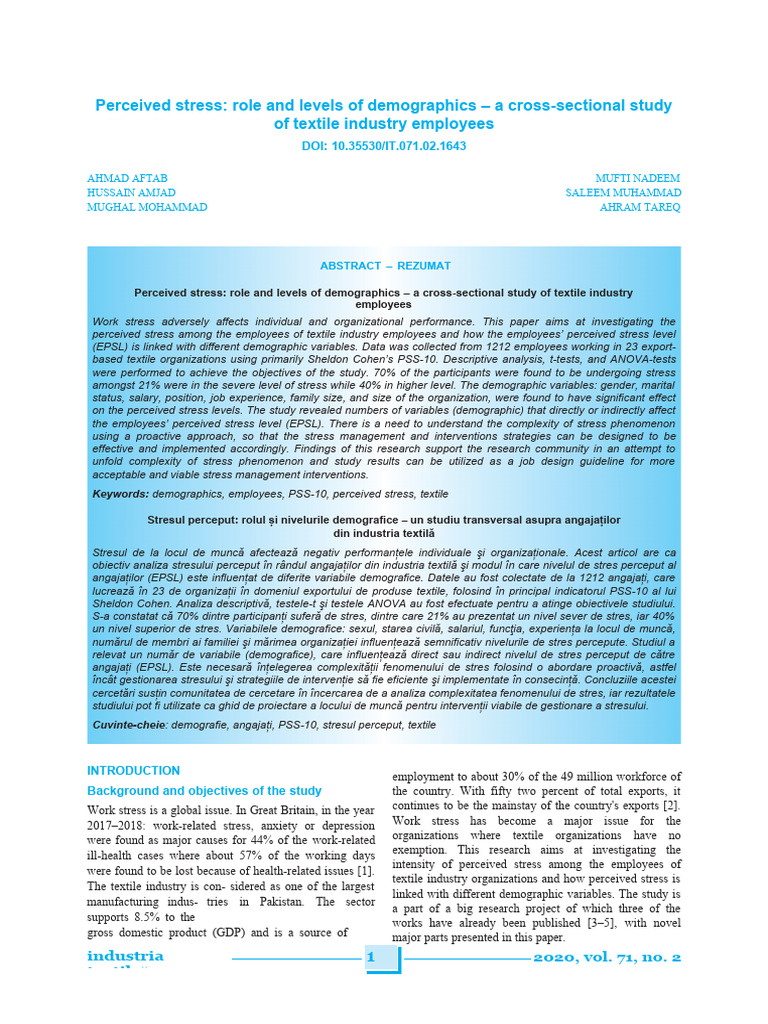 AHMAD AFTAB Industria Textila | PDF | Demography | Stress (Biology)