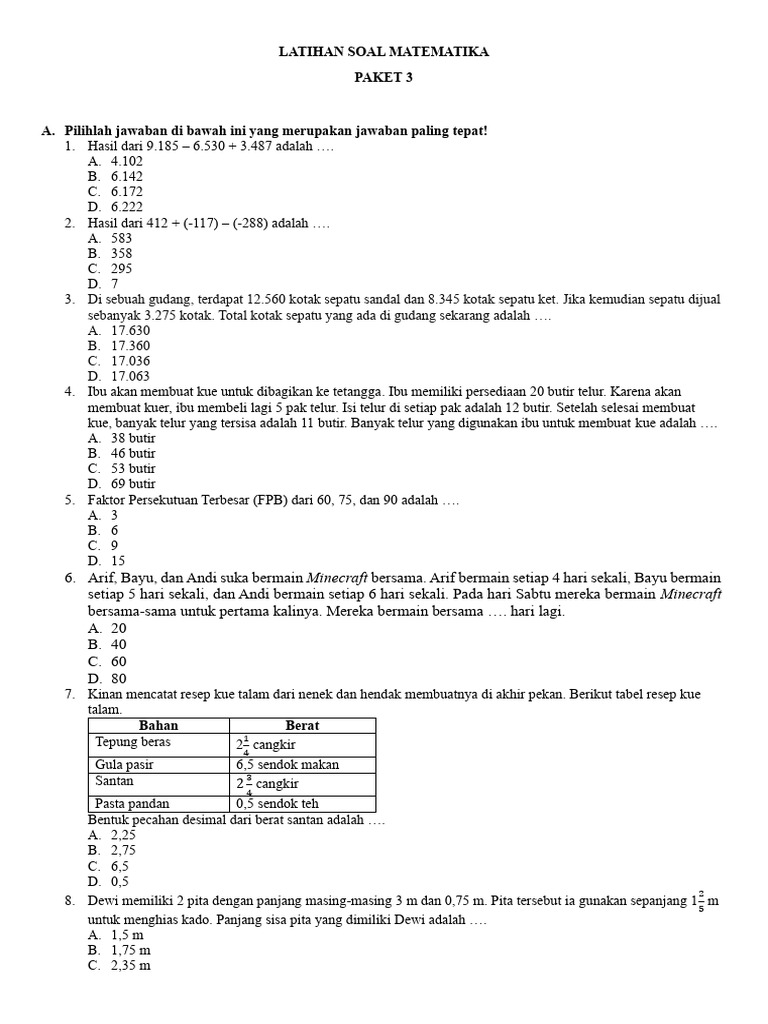 Latihan Soal Matematika Paket 3 | PDF