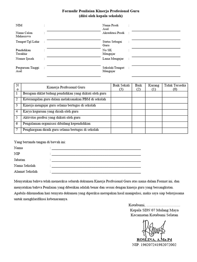 Formulir Penilaian Kinerja Profesional Guru | PDF