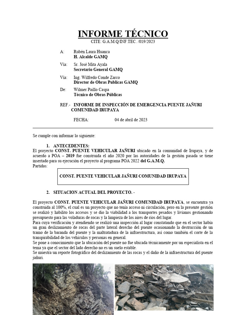 Informe sobre Puente Jañuri en Irupaya | PDF