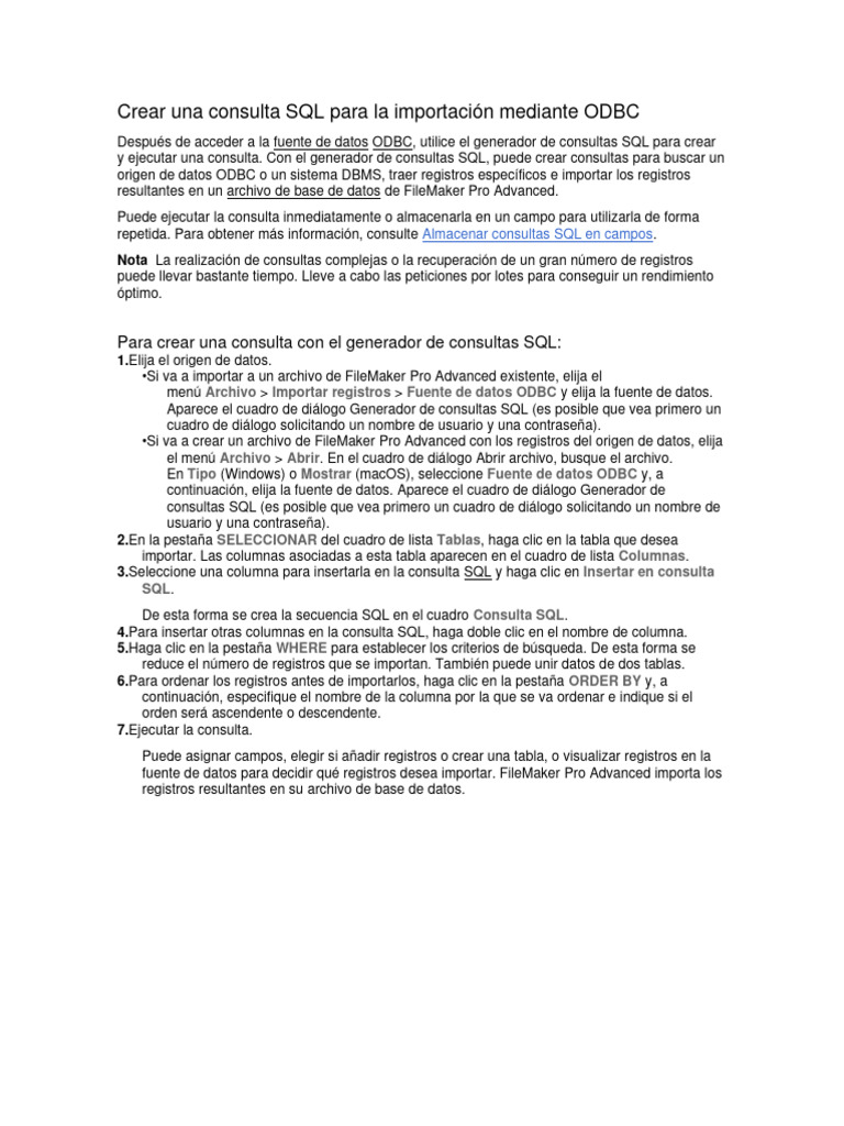 Crear Una Consulta SQL para La Importación Mediante ODBC | PDF | SQL ...