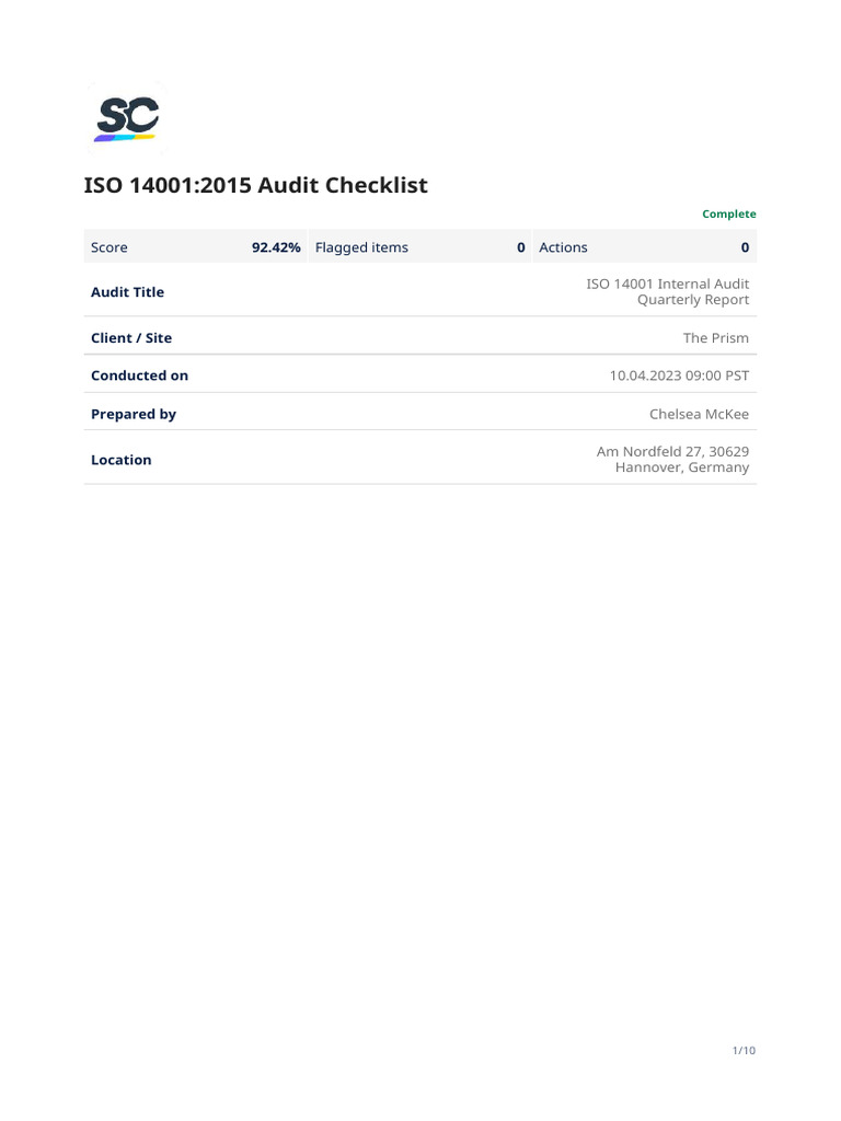 ISO 14001 Audit Checklist Sample PDF Report | PDF | Audit | Environmental Policy