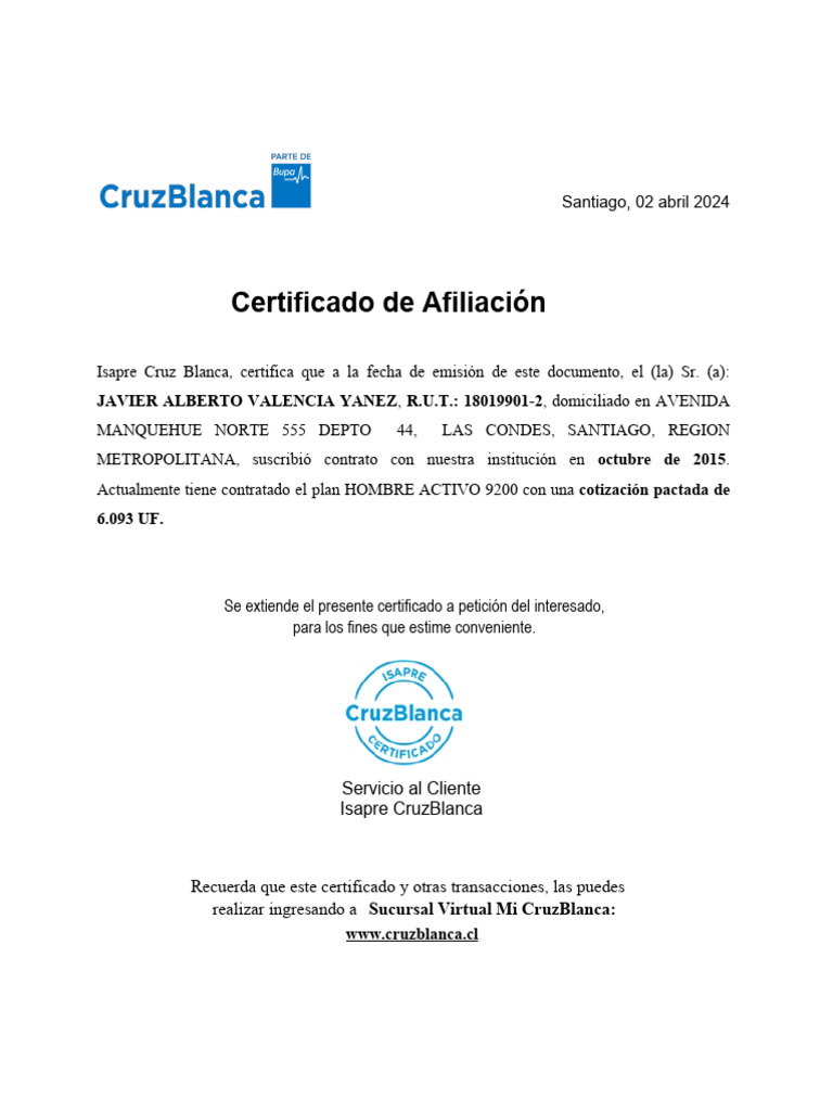 Certificado de Afiliacion Isapre - 180199012 | PDF | Negocios | Derecho