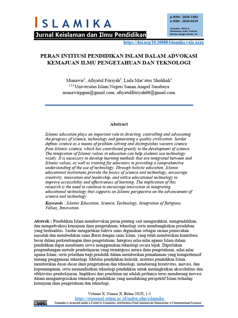 Peran Institusi Pendidikan Islam Dalam Advokasi Kemajuan Ilmu Pengetahuan Dan Teknologi - JURNAL ...