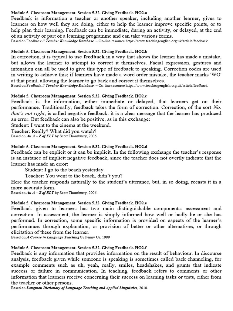 5.32 - Role of Feedback HO2 | PDF | Learning | Teachers