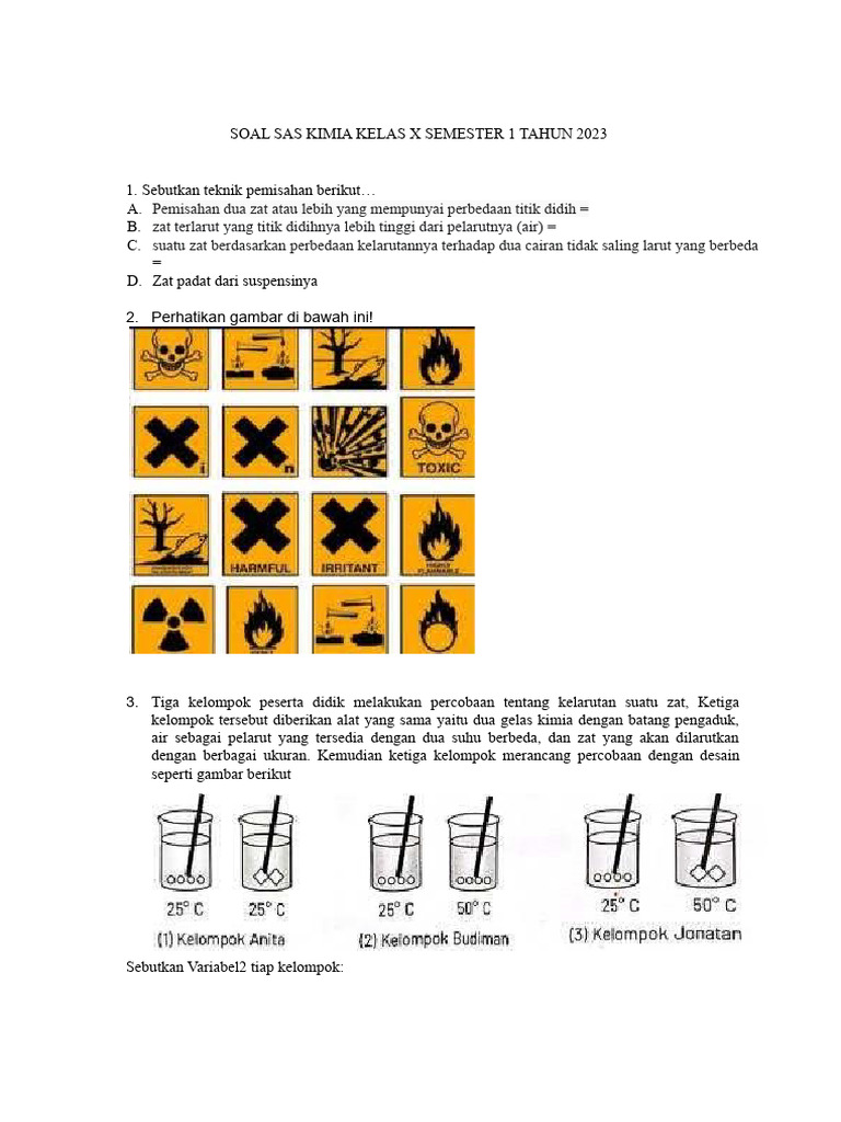 Latihan Soal Sas Kimia Kelas X Semester 1 Tahun 2023 | PDF