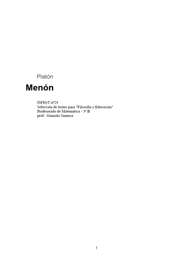 Platon Menon Seleccion | PDF | Filosofía Griega Clásica | Sócrates