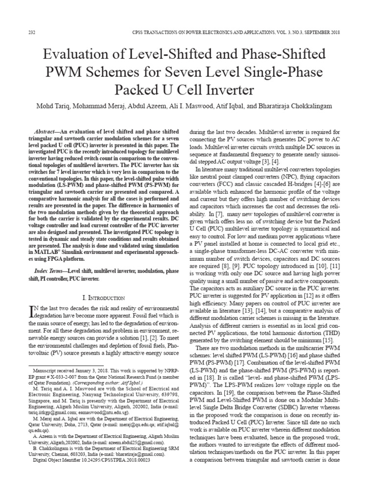 Evaluation of Level-Shifted and Phase-Shifted PWM Schemes For Seven Level Single-Phase Packed U ...