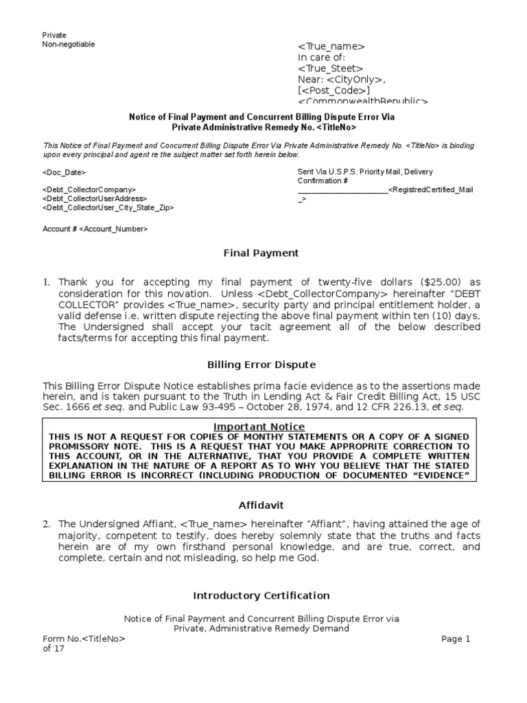 Final Payment & Billing Dispute Notice | PDF | Credit | Finance & Money ...