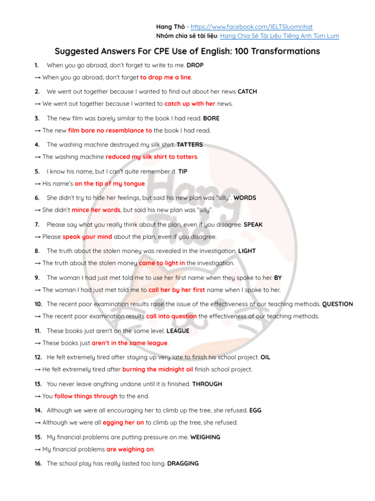 (SUGGESTED ANSWERS by Hang Thỏ) 100 Key Word Transformations (Advanced ...