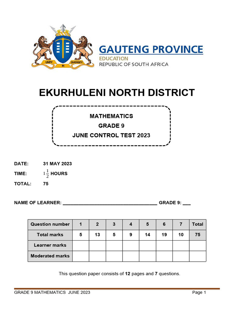 Grade 9 Mathematics June Control Test English QP-1 | PDF | Mathematics ...