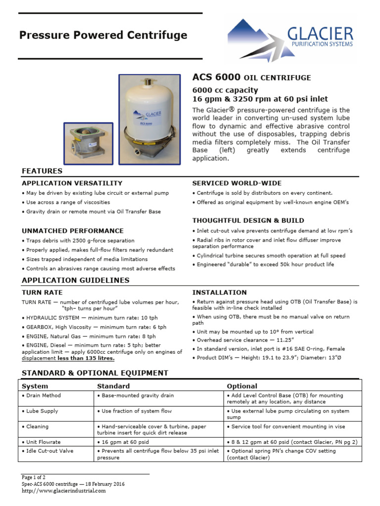 Specifications - ACS 6000 Centrifuge Glacier | PDF | Pump | Mechanical Engineering