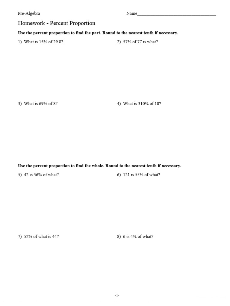 Percent Proportion Homework Worksheet | PDF
