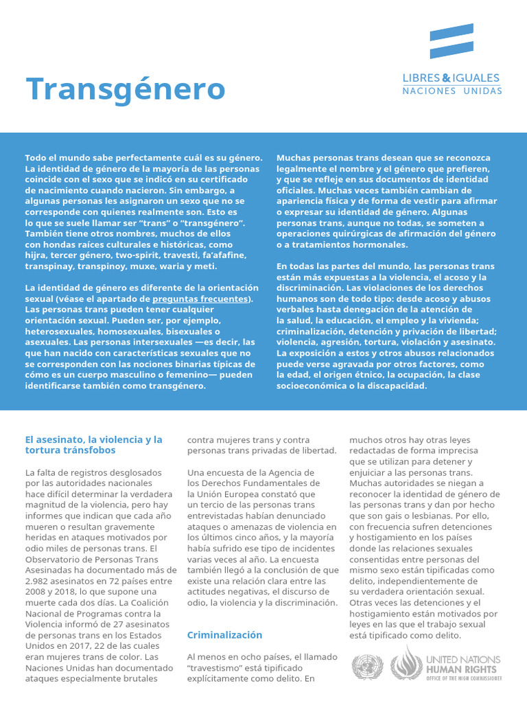 Transgender Factsheet - ESP | Descargar gratis PDF | Estudios LGBTQIA+ | Transgénero