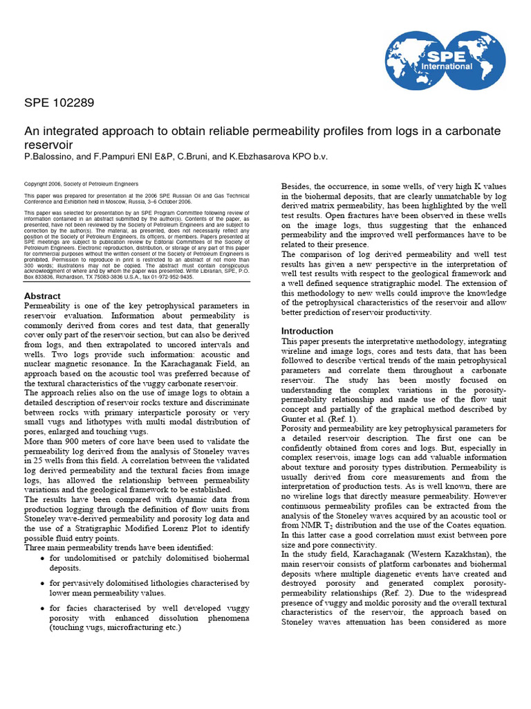Paper SPE 102289 2006 Karachaganak | PDF | Permeability (Earth Sciences ...