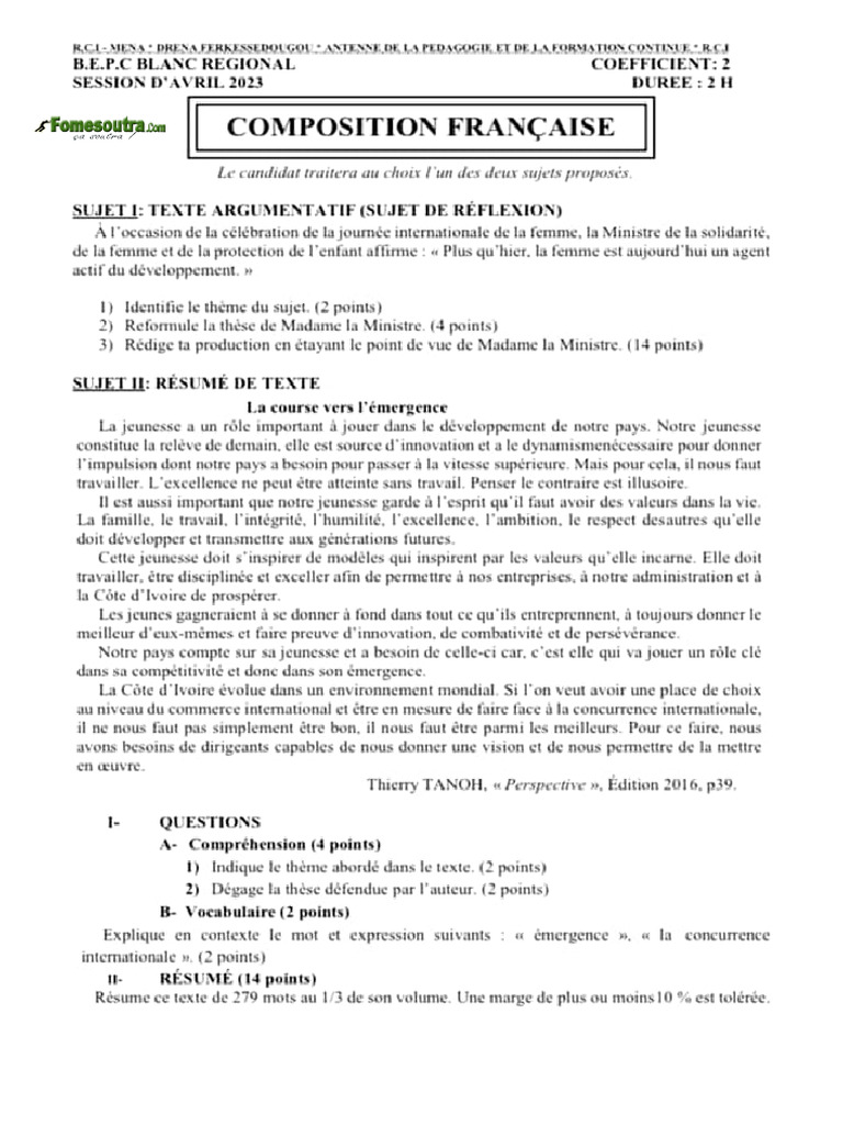 Bepc Blanc 2023 Compo FR Sujet+barème Dren Ferké | PDF