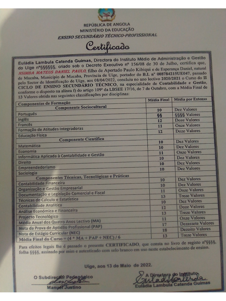 Certificado de Nsimba Mateus | PDF