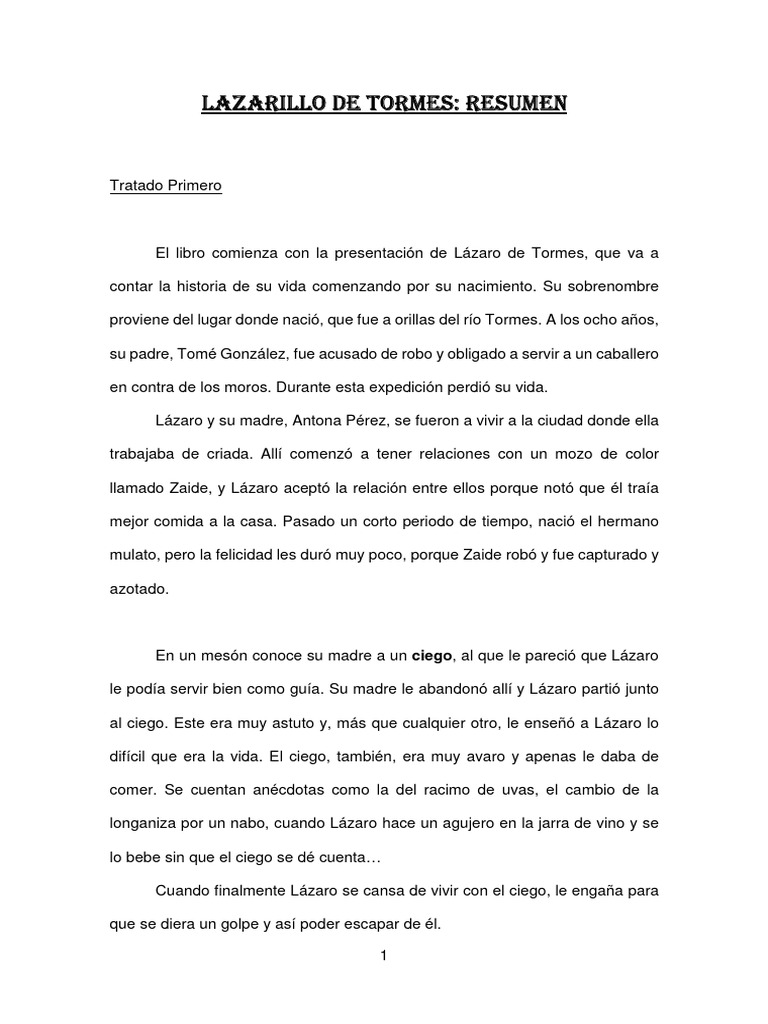 Resumen Del Lazarillo de Tormes | PDF