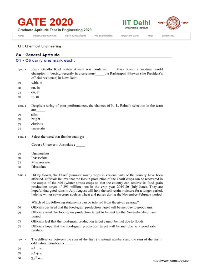 GATE 2020 Chemical Engineering Paper | PDF | Higher Education | Student ...