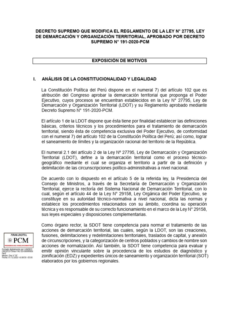 EM - PDS Modifica Rgto Ley 27795 1 12 23-Revisado SDOT Con VB | PDF | Regulación | Estado de ...