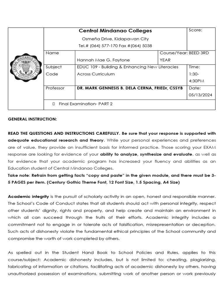 Final Examination Part 2 Pdf Learning Cognition