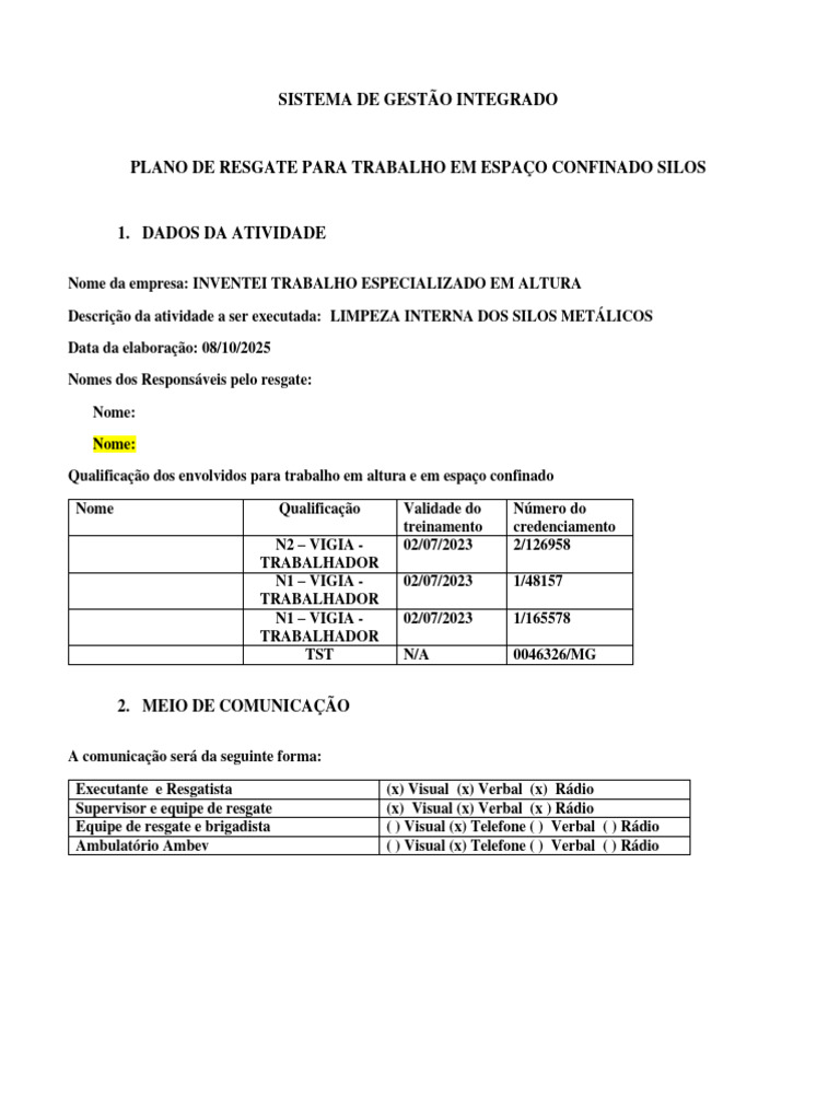 Plano de Resgate em Espaço Confinado | PDF
