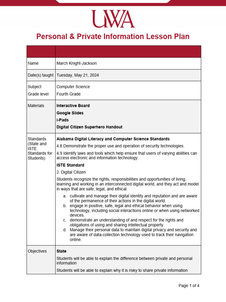 Personal vs. Private Info Lesson Plan | PDF | Privacy | Teachers