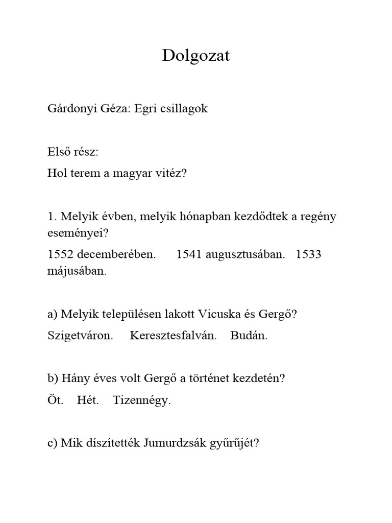 Dolgozat Egri Csillagok Első Rész | PDF