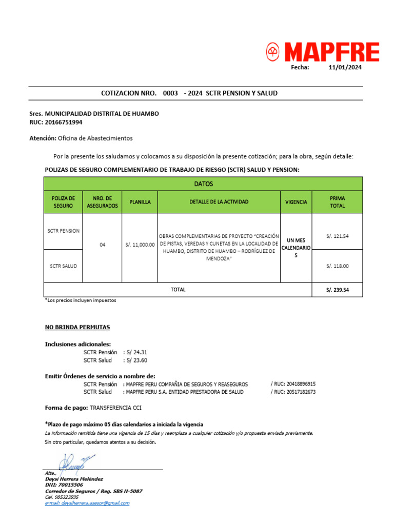 COTIZACION 003- MD HUAMBO (MAPFRE) | PDF | Sector privado | Servicios financieros