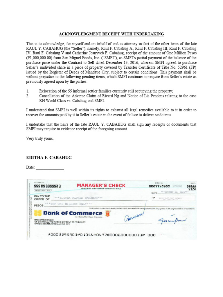 Acknowledgment Receipt With Undertaking 1m | PDF