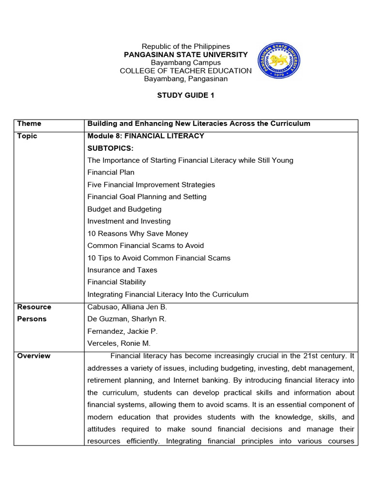 Module 8 Financial Literacy | PDF | Financial Literacy | Goal