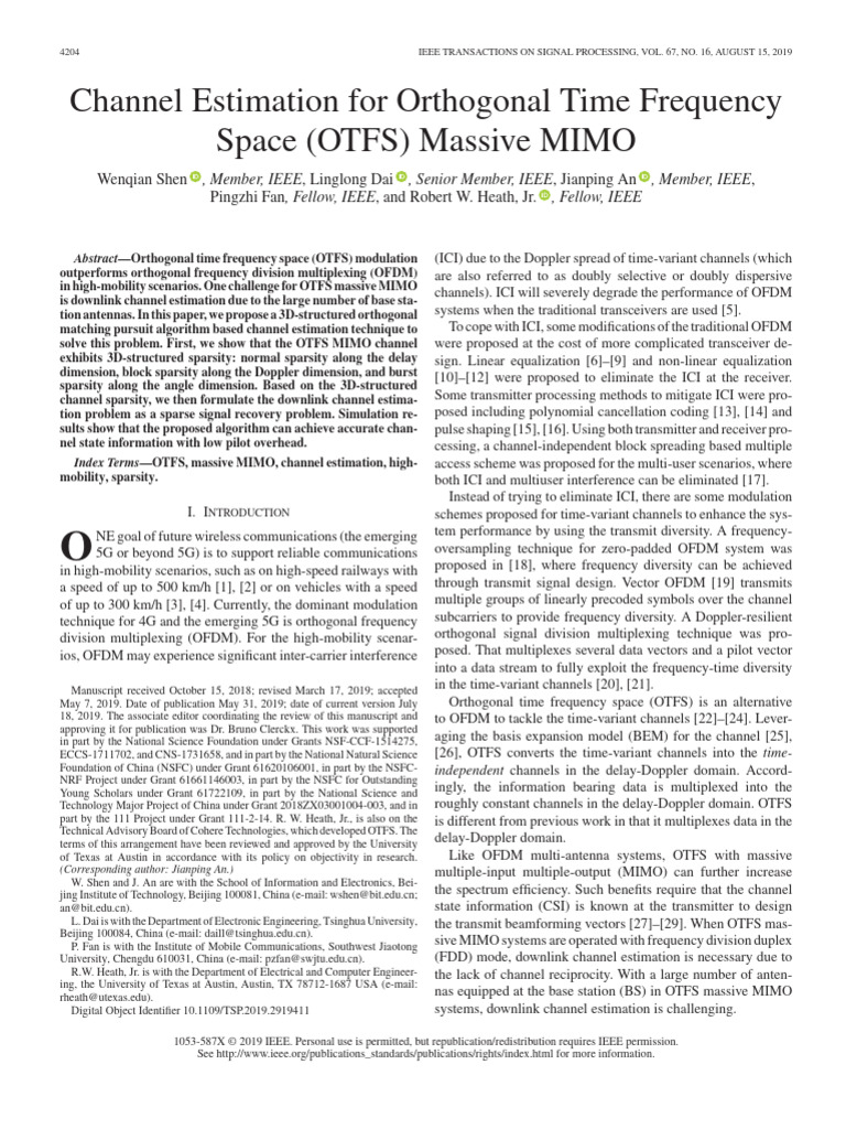Channel Estimation For Orthogonal Time Frequency Space (OTFS) Massive MIMO | PDF | Orthogonal ...