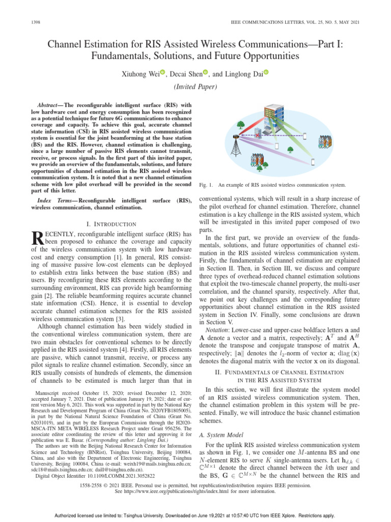 Channel Estimation For RIS Assisted Wireless Communications - Part I - Fundamentals, Solutions ...