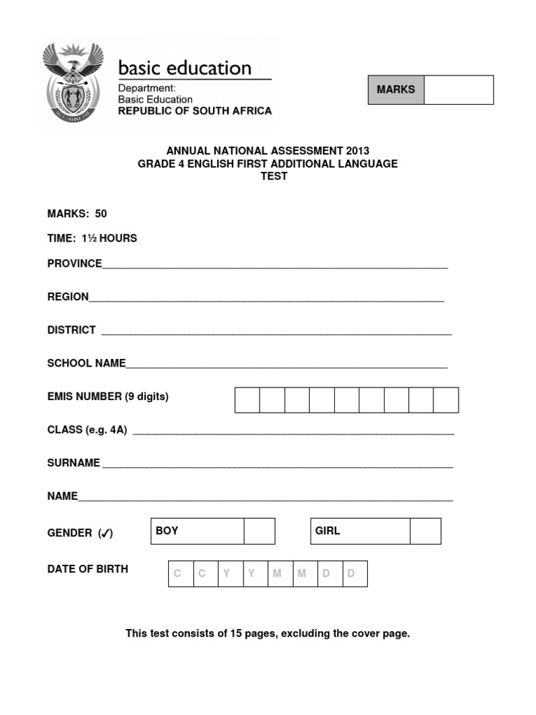 Grade 4 English FAL Test 2013 | PDF | Verb | English Language