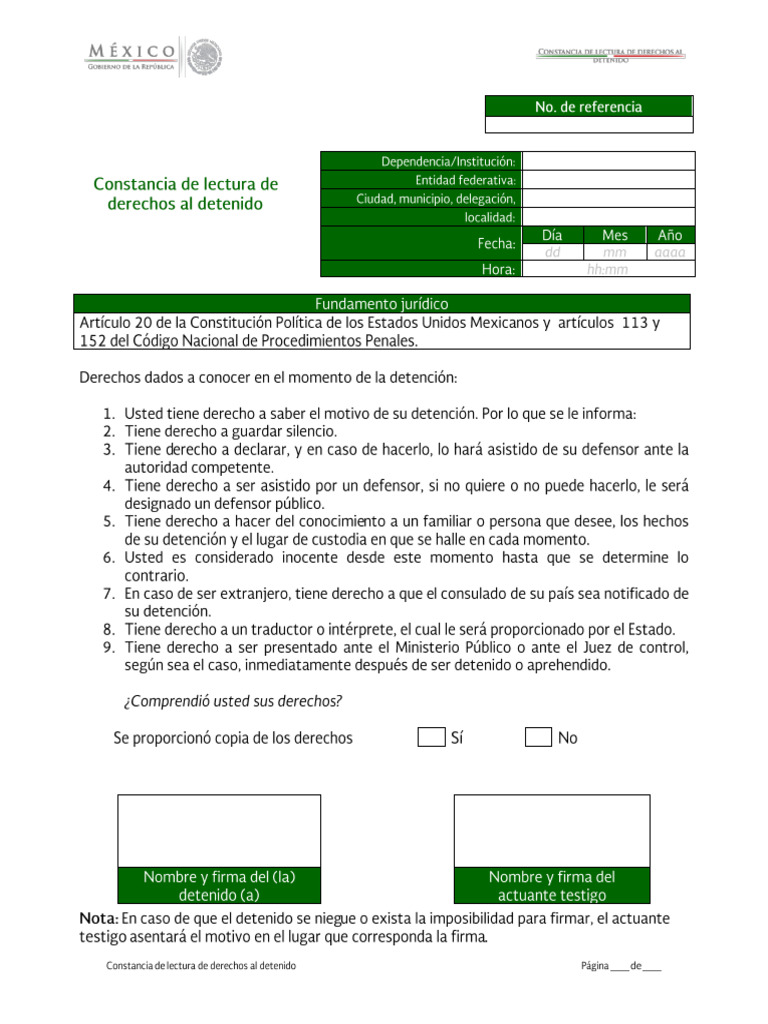 Constancia de lectura de derechos al detenido | PDF