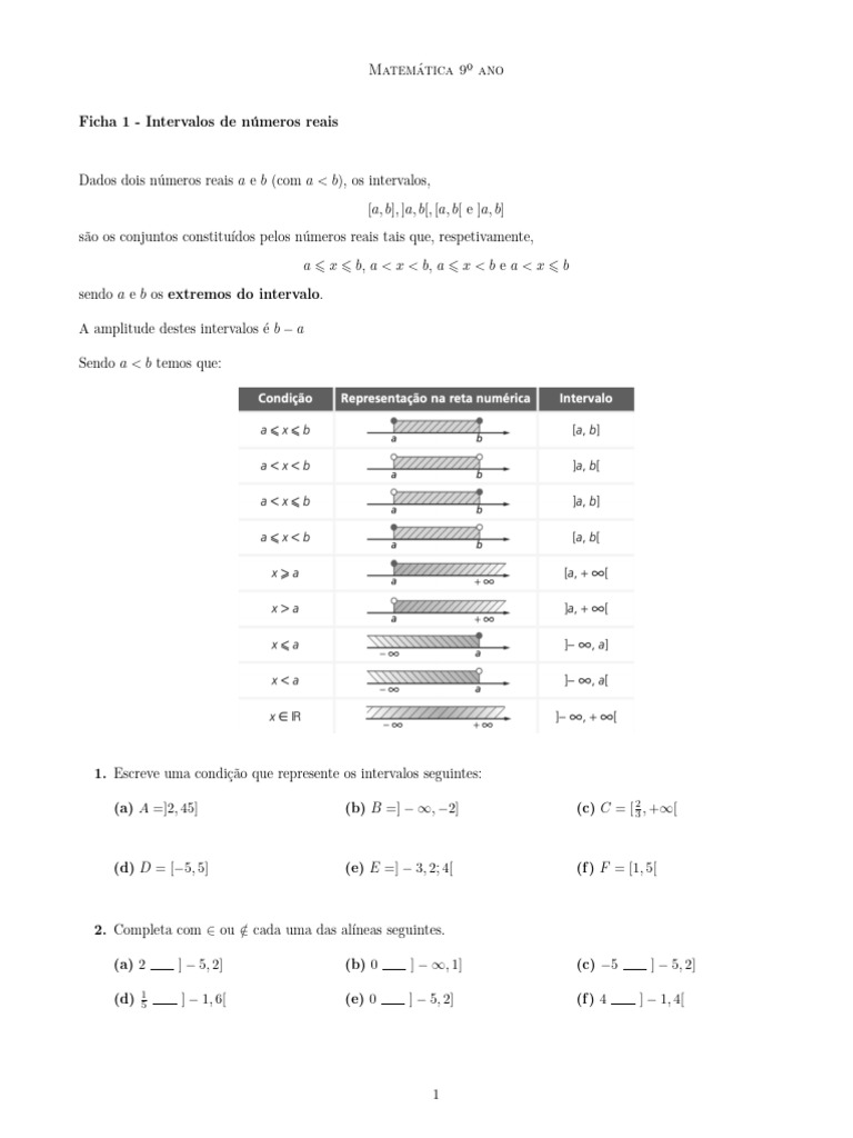 9º ano - Ficha 1 - Intervalos | PDF | Matemática | Números