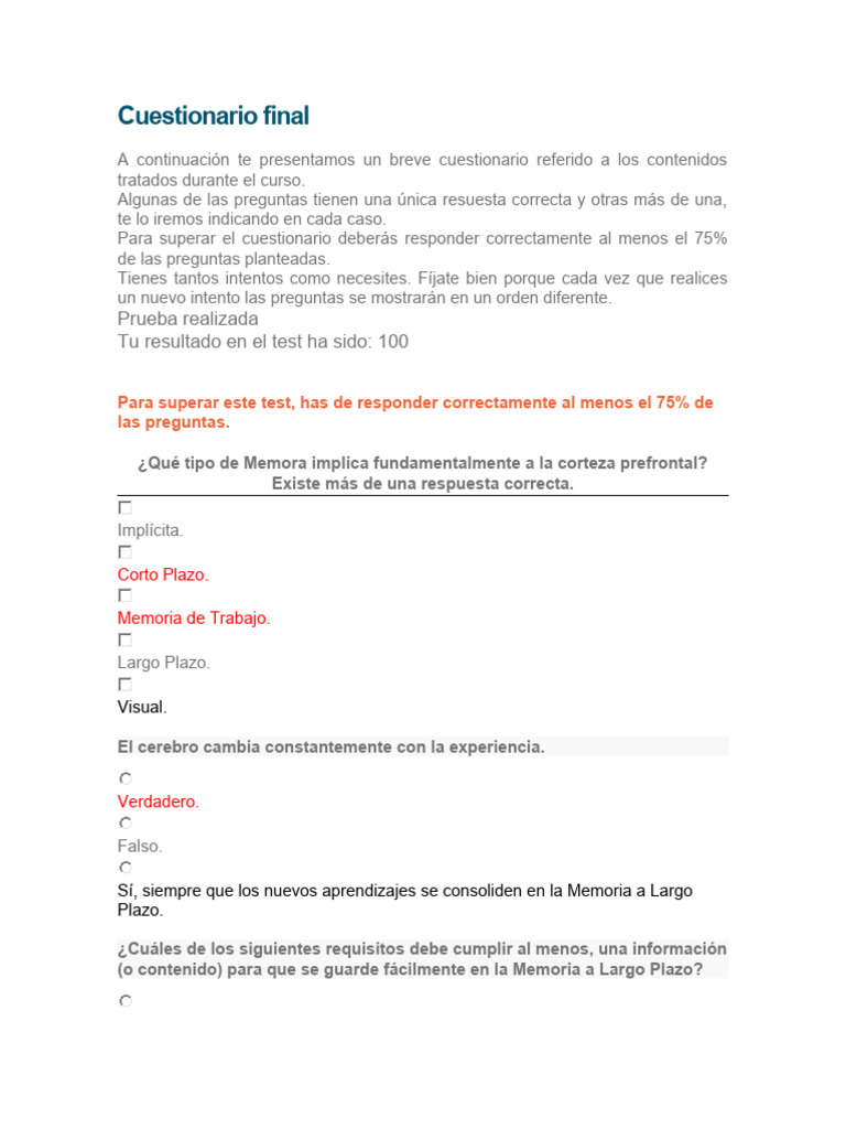 Cuestionario Final | PDF | Memoria | Las emociones