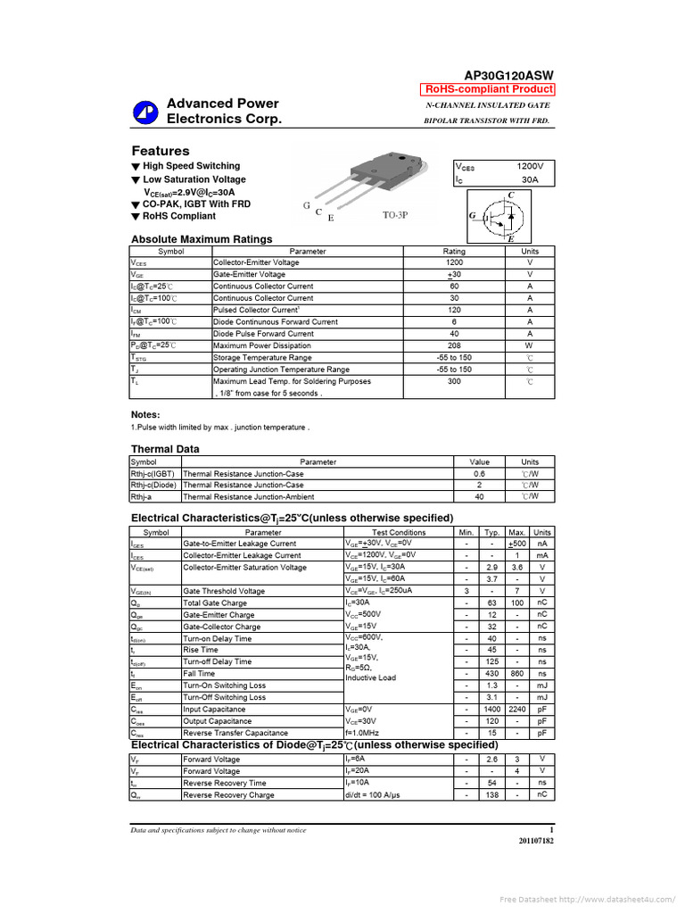 Advanced N-Channel IGBT Specifications | PDF | Electrical Equipment ...