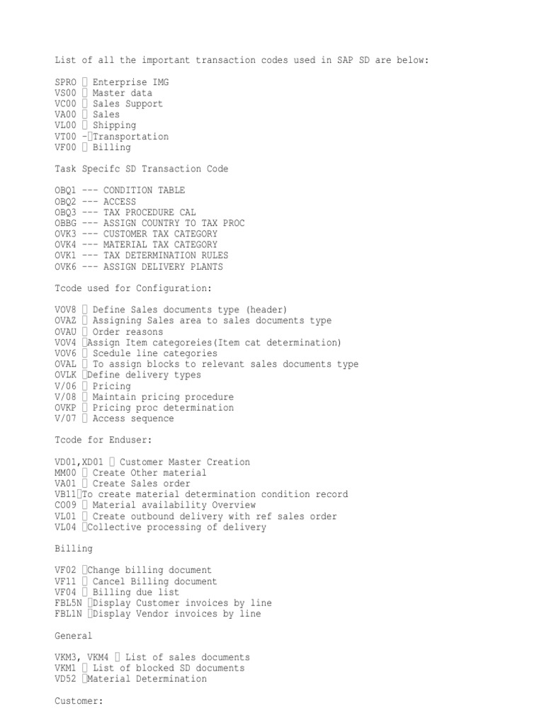 Transaction Codes SAP SD | PDF