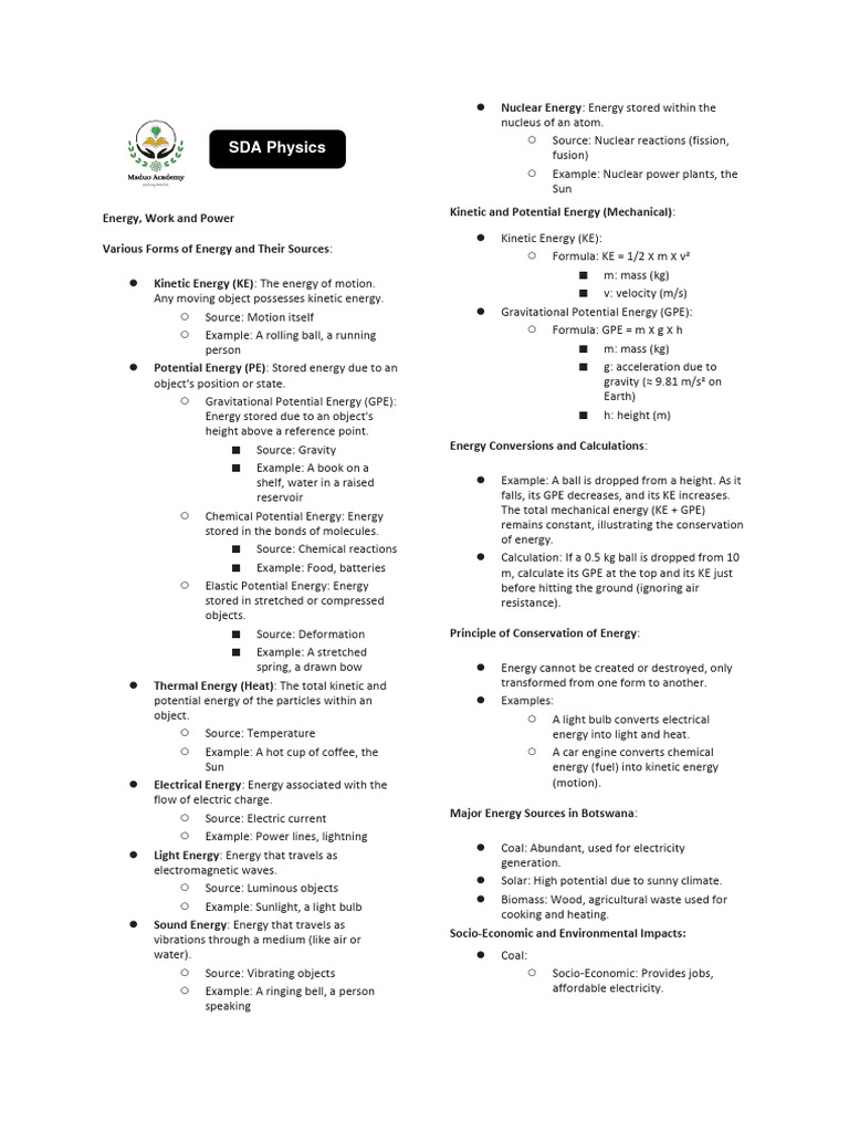 SDA Energy, Work and Power | PDF | Potential Energy | Force