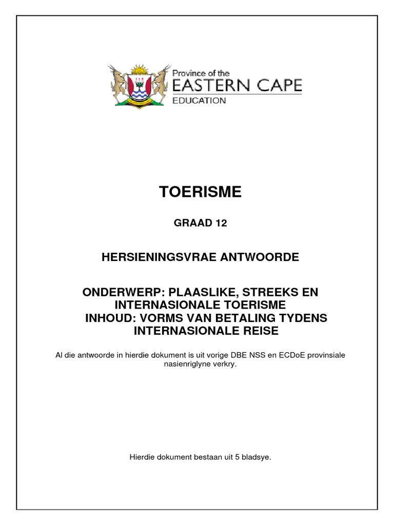 E GR 12 TOERISME - VORME VAN BETALING - HERSIENINGSVRAE ANTWOORDE ...