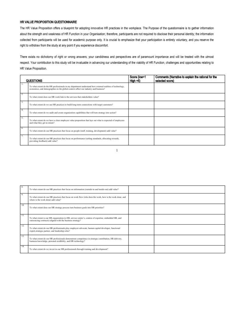 HR Questionnaire | Download Free PDF | Strategic Management | Business