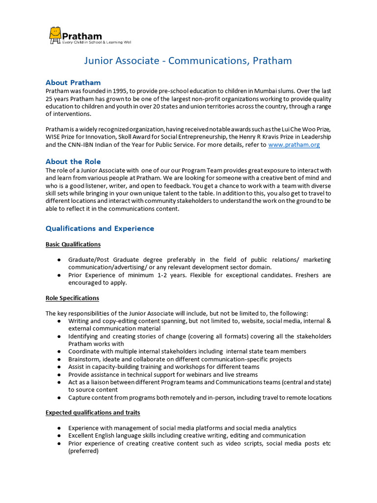 Junior Associate Communications Role at Pratham | PDF | Résumé | Social ...