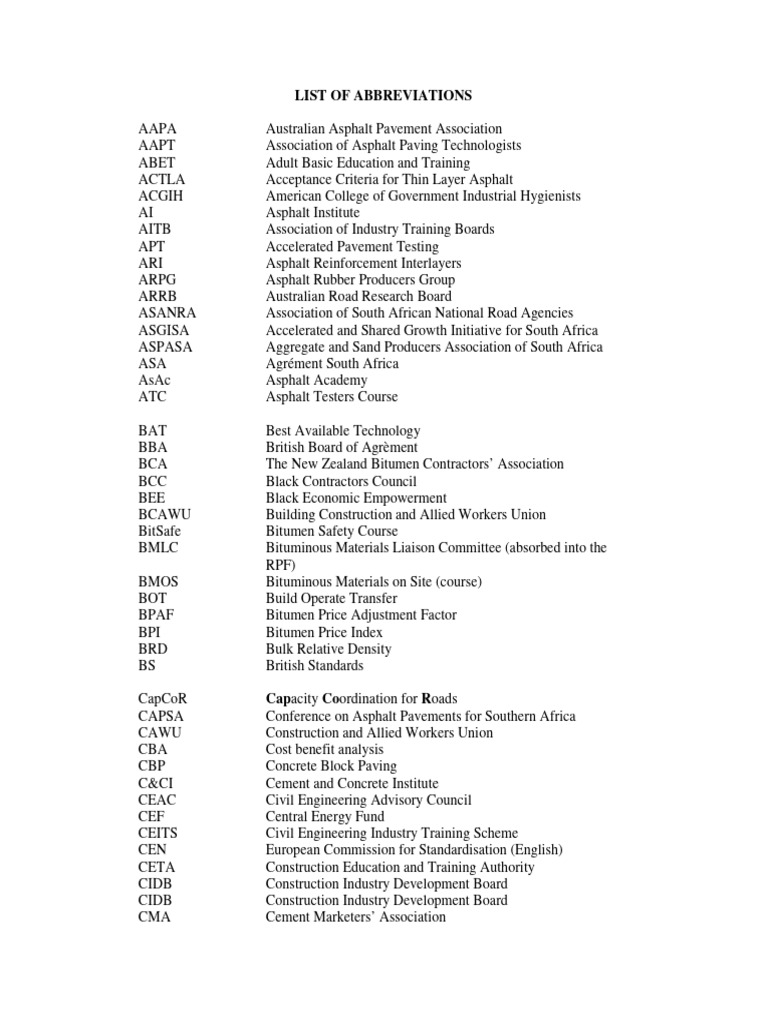 List of Abbreviations | PDF | Road Surface | Road