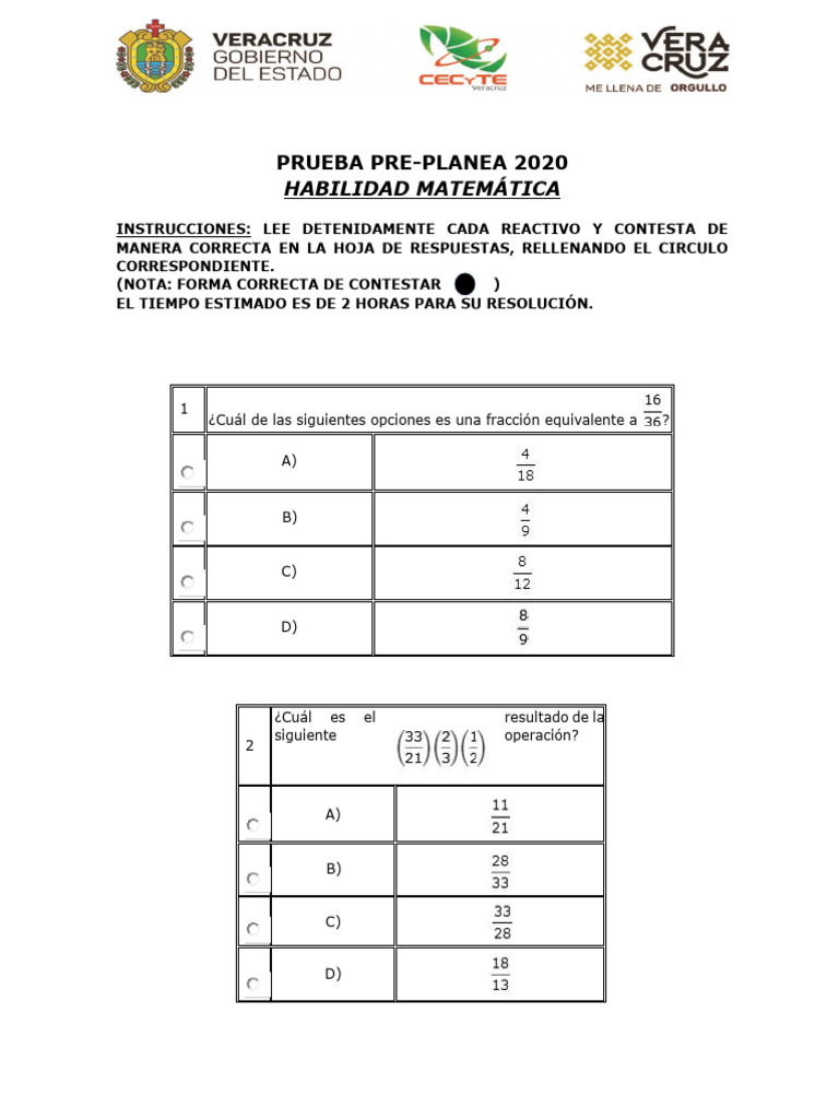 Prueba Pre-Planea 2020: Habilidad Matemática | PDF
