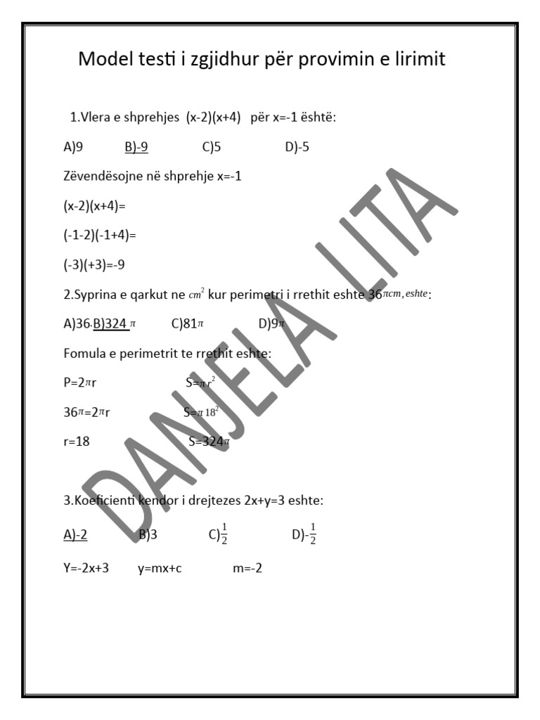Model Testi I Zgjidhur Provim Lirimi | PDF