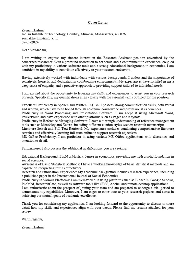 Cover Letter Research Assistant | PDF | Experience | Software