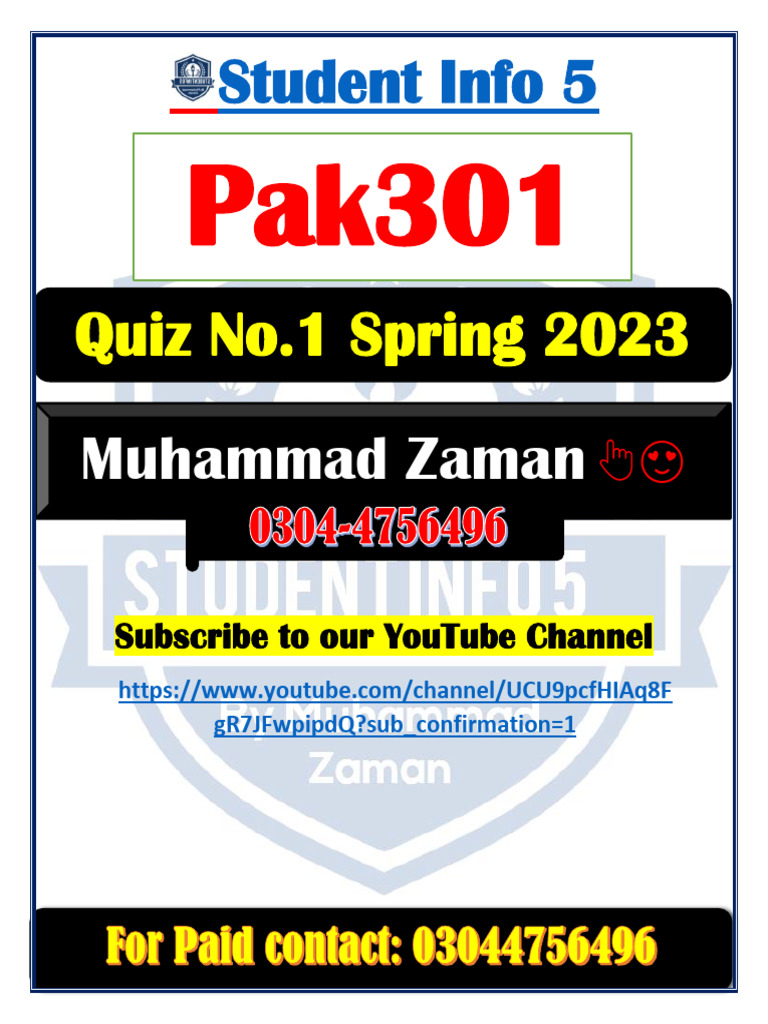 PAK301 MEGA QUIZ 1 & 2 100 % Correct Solution Fall 2023 by Muhammd Zaman | PDF | Muhammad Ali ...