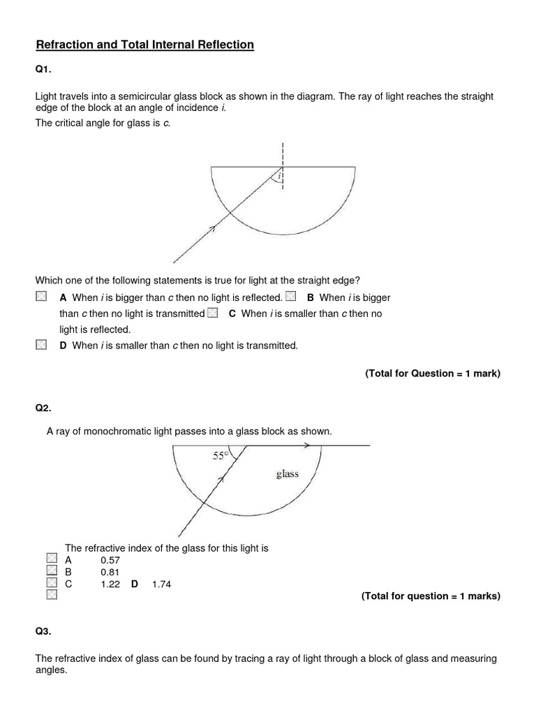 4 Refractive Index And Critical Angle Pdf Refraction Refractive Index